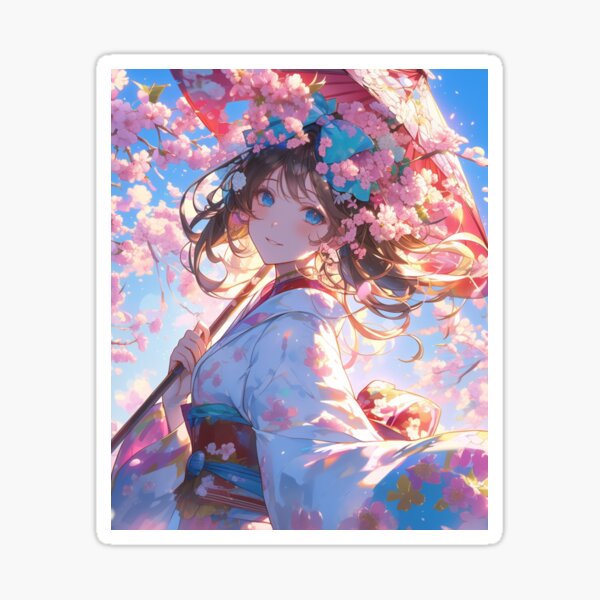 "Anime girl in kimono surrounded by cherry blossoms" Sticker for Sale ...
