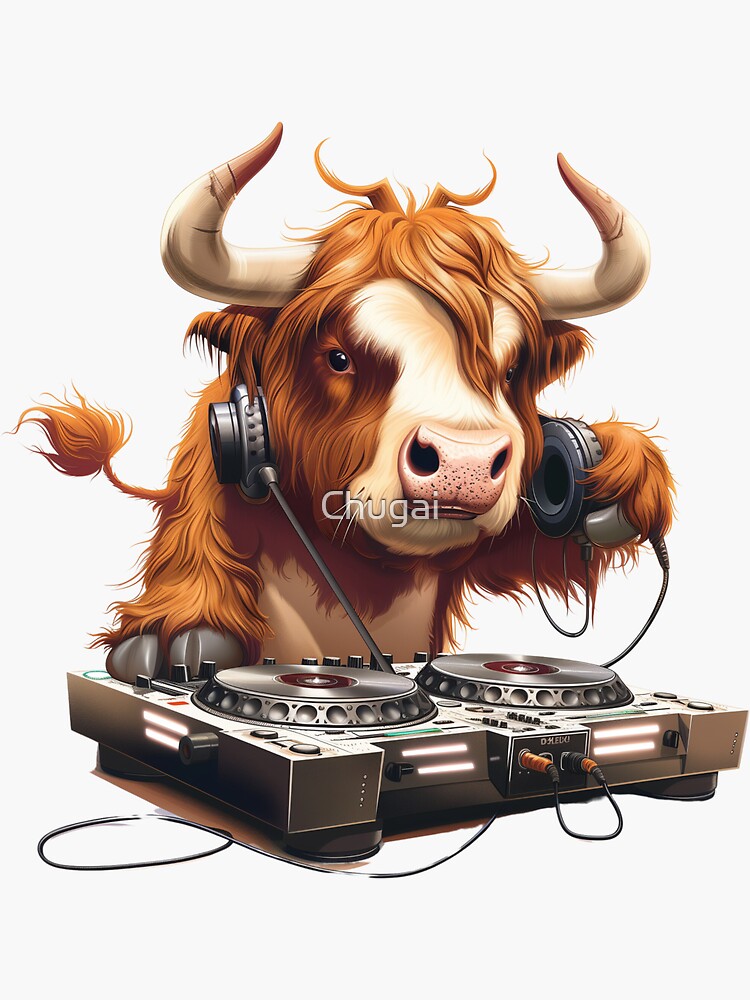 "Highland Cow DJ" Sticker for Sale by Chugai | Redbubble