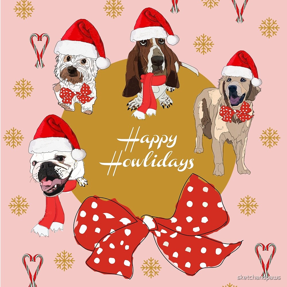 "Happy Howlidays! Santa Dogs (pink/red)" by sketchandpaws | Redbubble