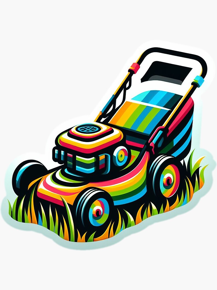 "multi-colored lawn mower mowing grass" Sticker for Sale by WoodenT ...