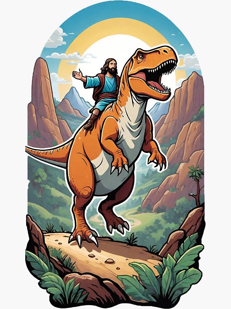 "Jesus Riding A Dinosaur 3" Sticker for Sale by JamieRainbow | Redbubble