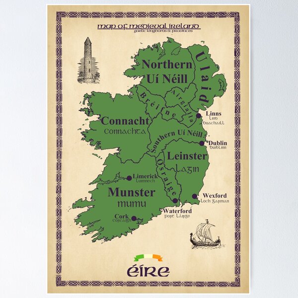 "Ireland Map of Medieval Eire Gaelic Kingdoms and Provinces" Poster for ...