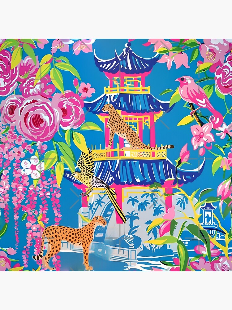 "Preppy cheetah in chinoiserie garden in pink and cornflower blue" Art ...