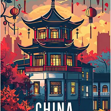"Vibrant retro travel poster featuring an ancient Chinese pagoda at ...