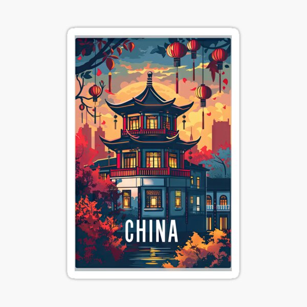 "Vibrant retro travel poster featuring an ancient Chinese pagoda at ...