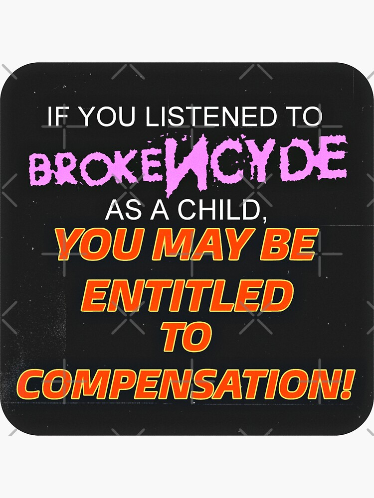 "Brokencyde - Fake Lawsuit Ad Sticker" Sticker for Sale by CryptQueen ...