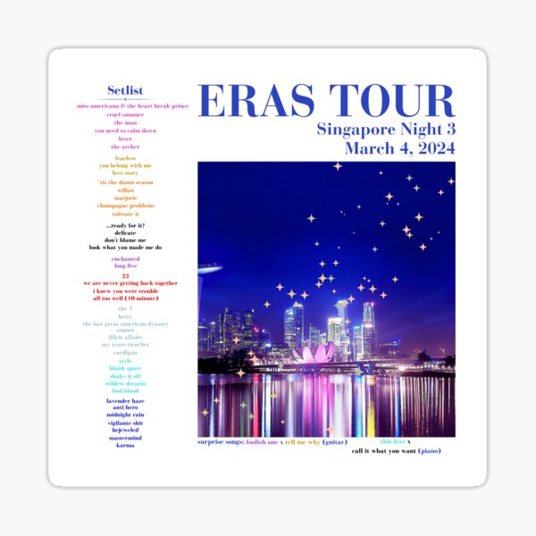 "Eras Tour Setlist - Singapore Night 3" Sticker for Sale by ...