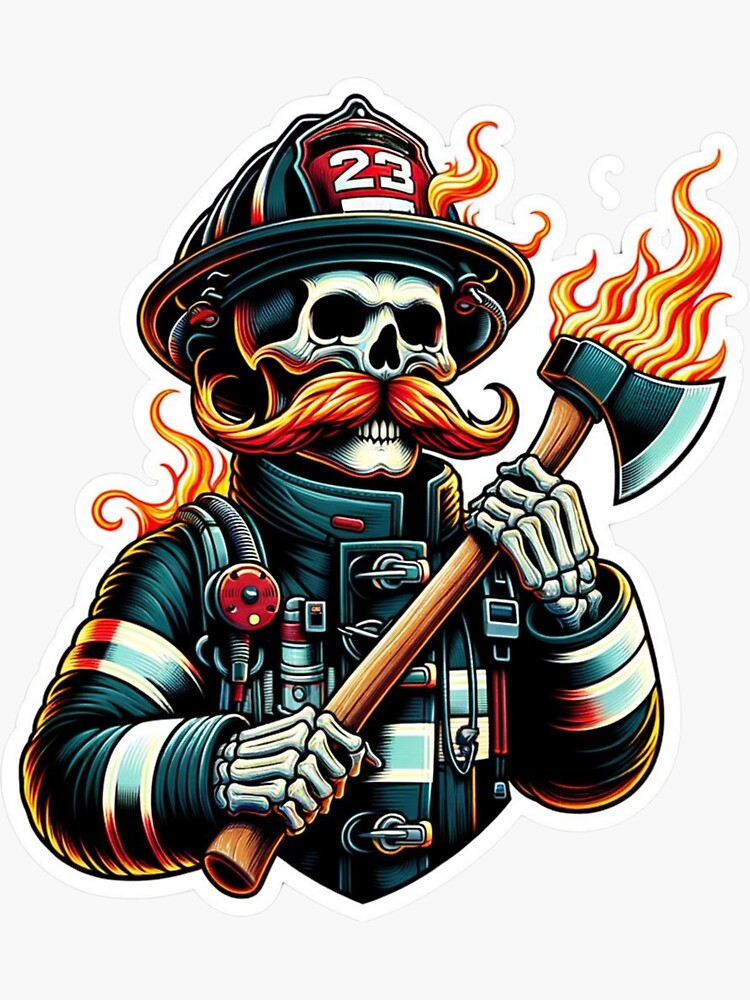 "Skeleton Firefighter with flaming mustache and ax " Sticker for Sale ...