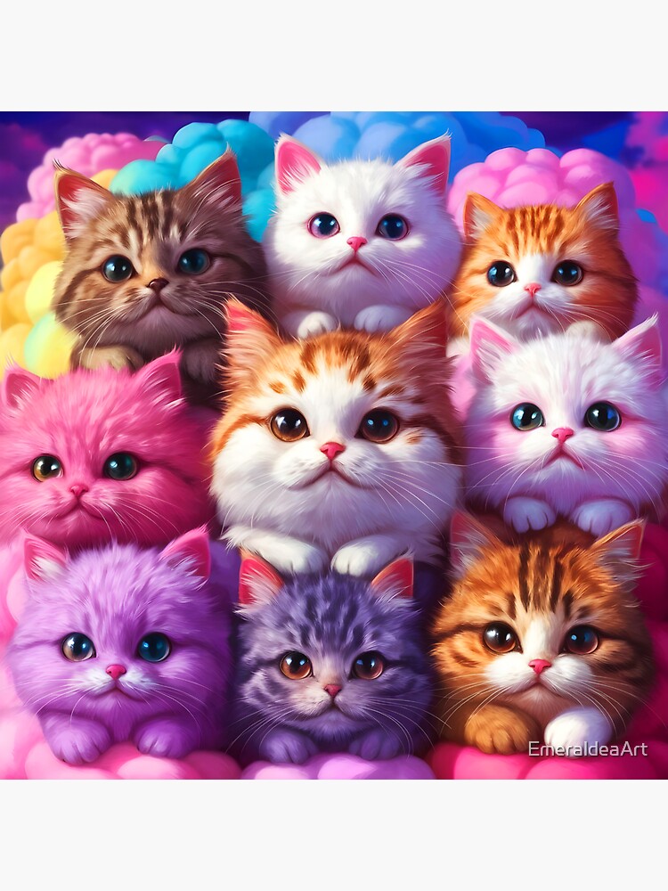 "Bunch of cute Kitties, vibrant colorful 9 kittens and fluffy clouds ...