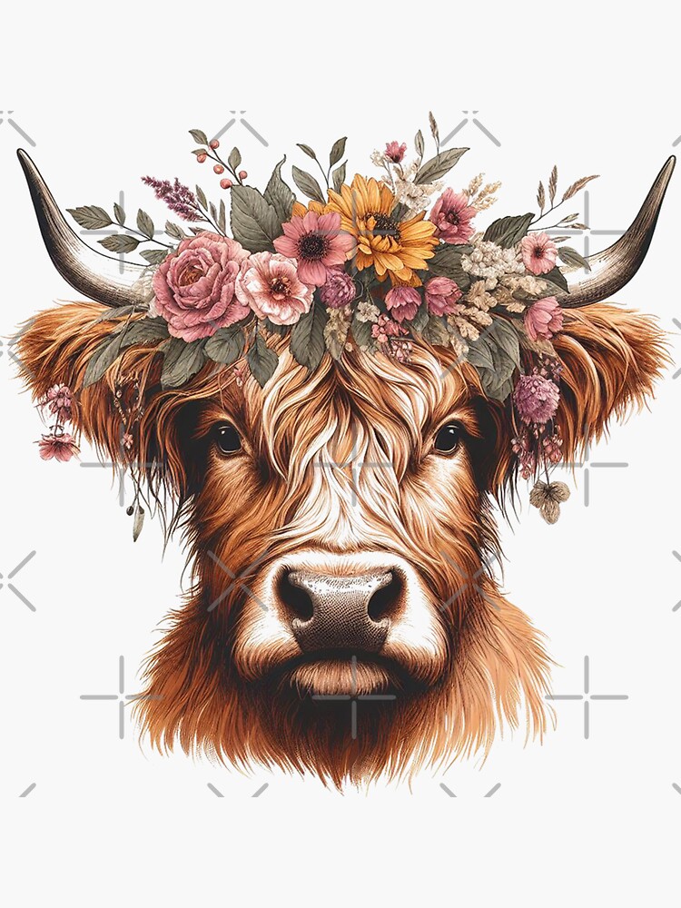 "Heilan Coo, Cute Highland Cow in a Floral Meadow" Sticker for Sale by ...