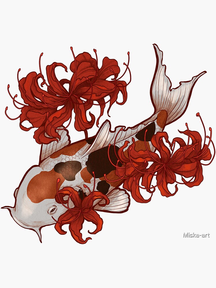 "Koi fish with spider lilies" Sticker for Sale by Miska-art | Redbubble