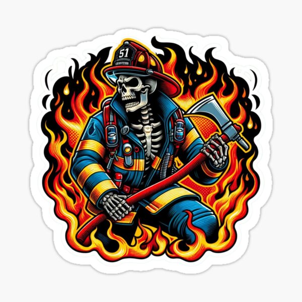 "Skeleton Firefighter with ax surrounded by flames " Sticker for Sale ...