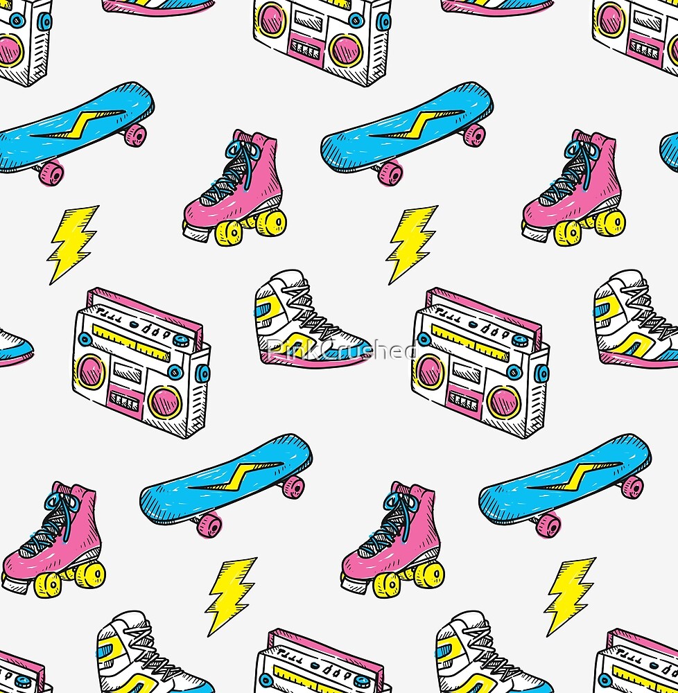 "Retro Skateboard, Roller Skate, 80's Stereo Pattern" by PinkCrushed ...
