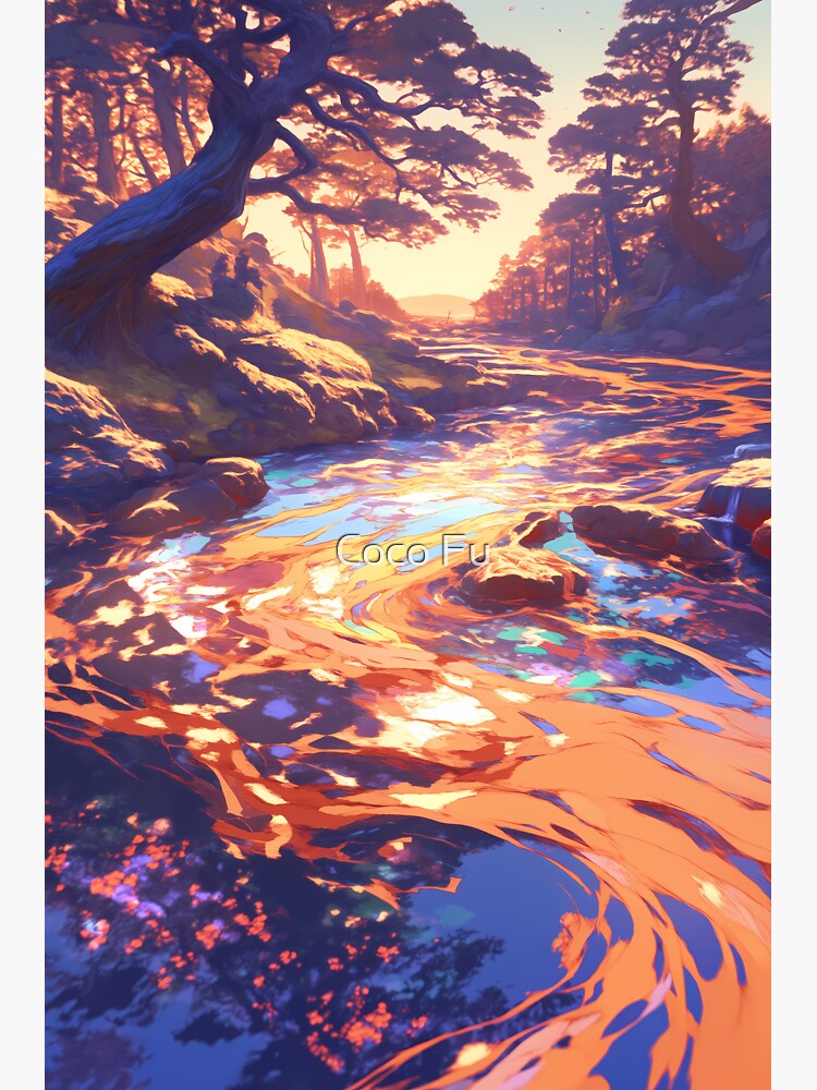 "Ethereal River: A Vibrant Fantasy Landscape in Autumn" Sticker for ...