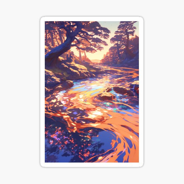 "Ethereal River: A Vibrant Fantasy Landscape in Autumn" Sticker for ...