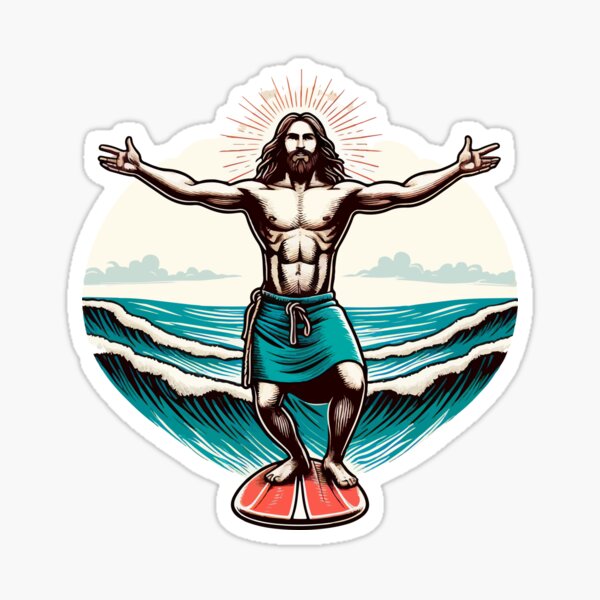 "Funny Jesus Christ Surfing" Sticker for Sale by TomFrontierArt | Redbubble