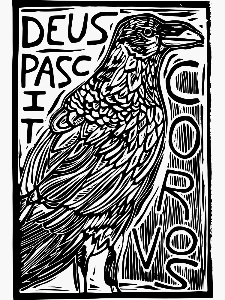 "God Feeds the Ravens Latin Motto Linocut" Sticker for Sale by ...