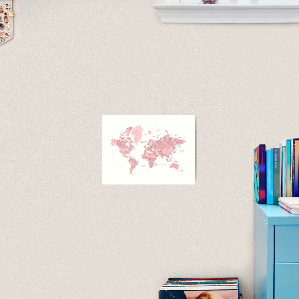 "Light pink and muted pink world map with cities" Art Print for Sale by ...