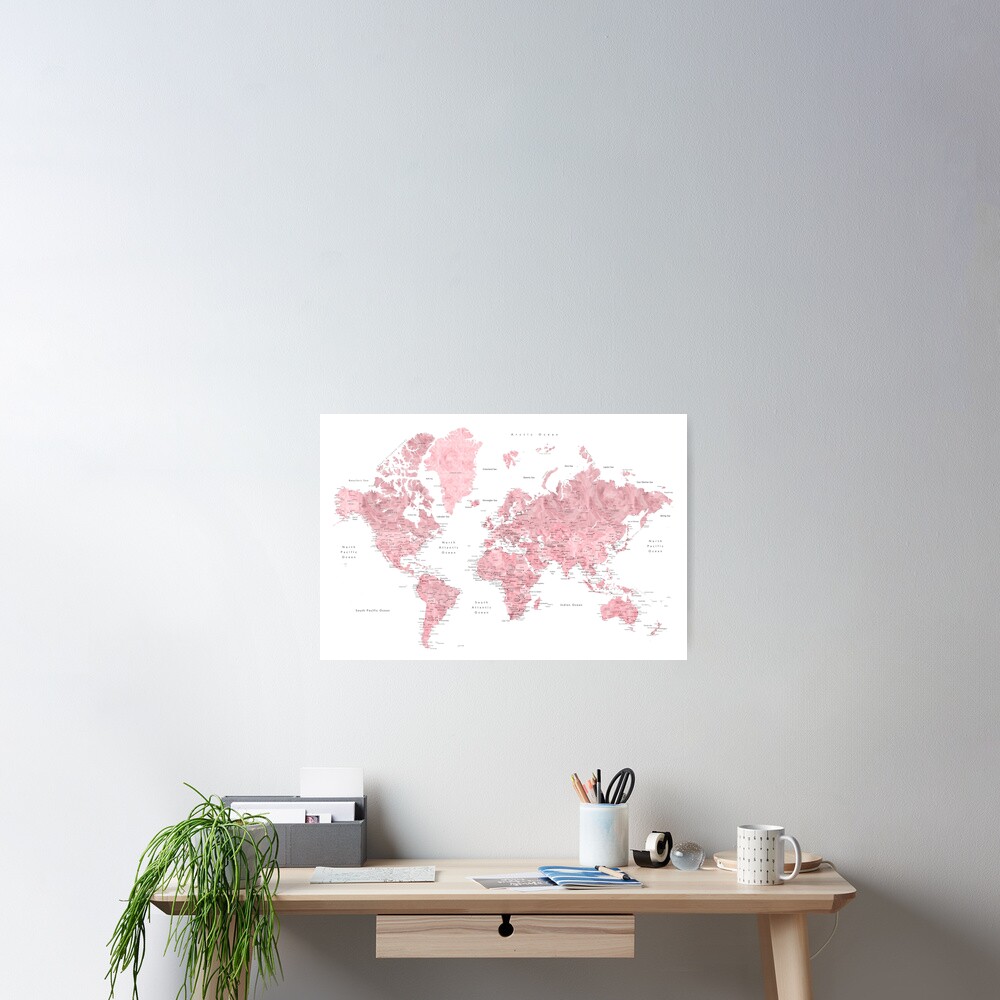 "Light pink and muted pink world map with cities" Poster for Sale by ...