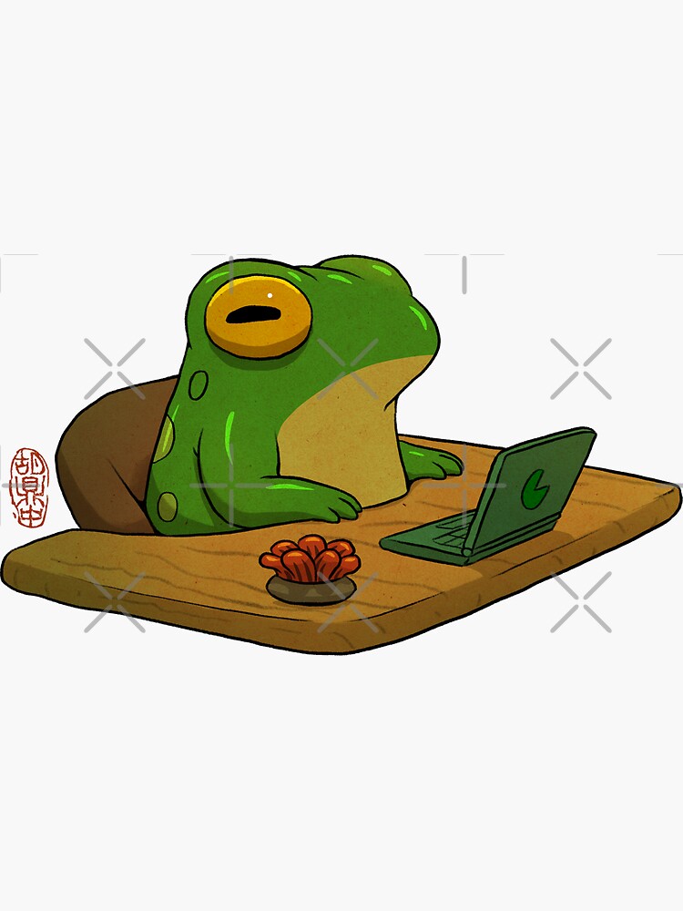 "cute frog zoning out at desk work from home asian artwork" Sticker for ...