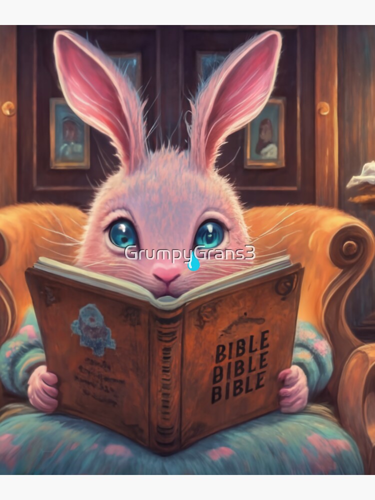 "A confused rabbit reading a bible with tears in his eyes" Sticker for ...