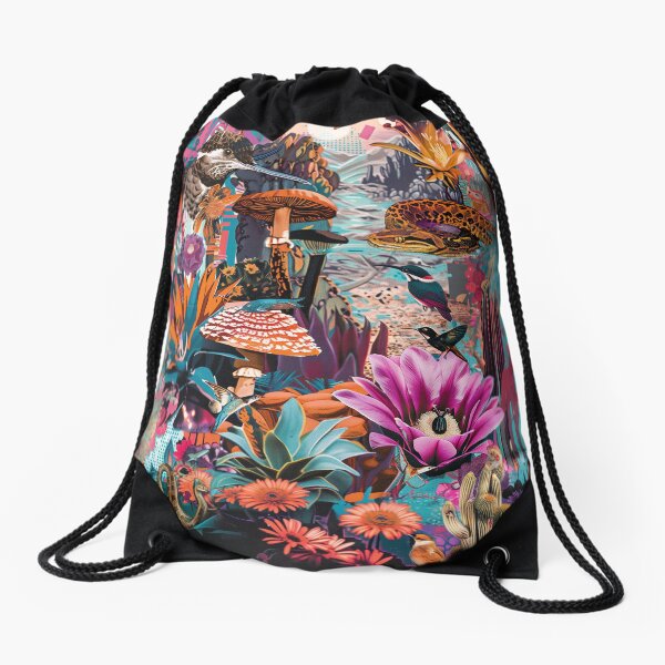"Psychedelic Surrealism: Vibrant Nature Collage Art" Drawstring Bag for ...