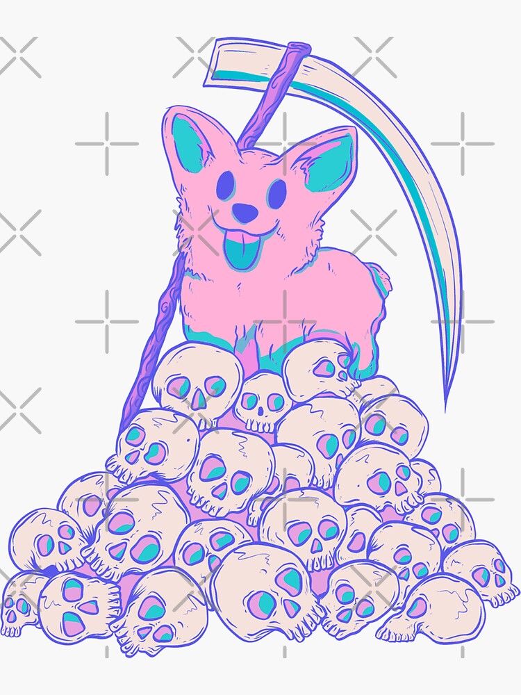 "Cute Pink Corgi on Skull Pile - Adorable Gothic Fantasy Art" Sticker ...