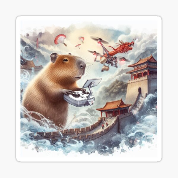"Capybara Flying a drone at The Great Wall4" Sticker for Sale by ...