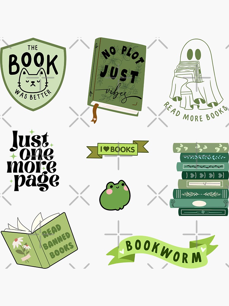 "Green Bookish Pack" Sticker for Sale by medimidoodles | Redbubble