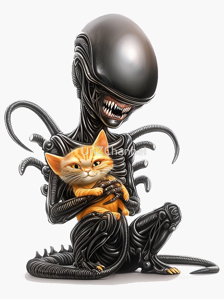 "Alien Xenomorph and Pet Cat" Sticker for Sale by UnZChannel | Redbubble