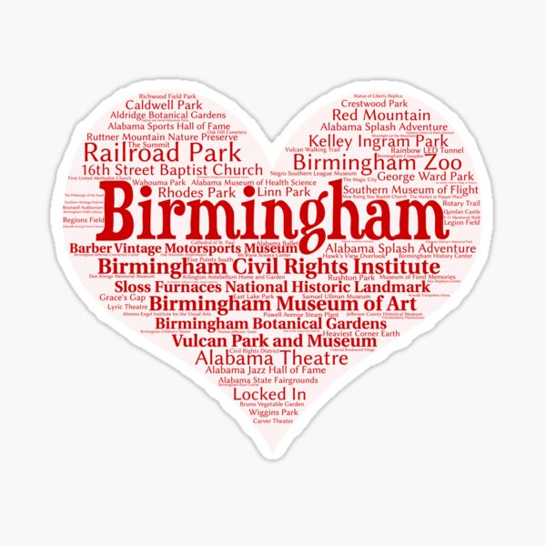 "Heart of Birmingham Red Heart Word Cloud Products" Sticker by Mel747 ...