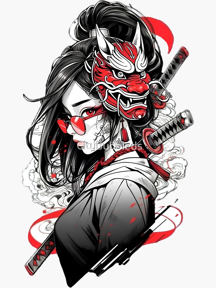 "Dragon mask modern anime samurai girl tattoo desing" Sticker for Sale ...