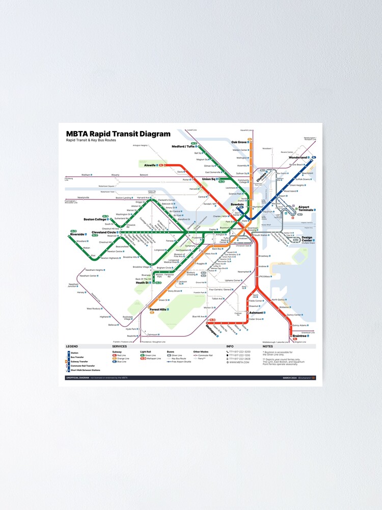 "MBTA Rapid Transit Map [Light]" Poster for Sale by Pretzel-Express ...