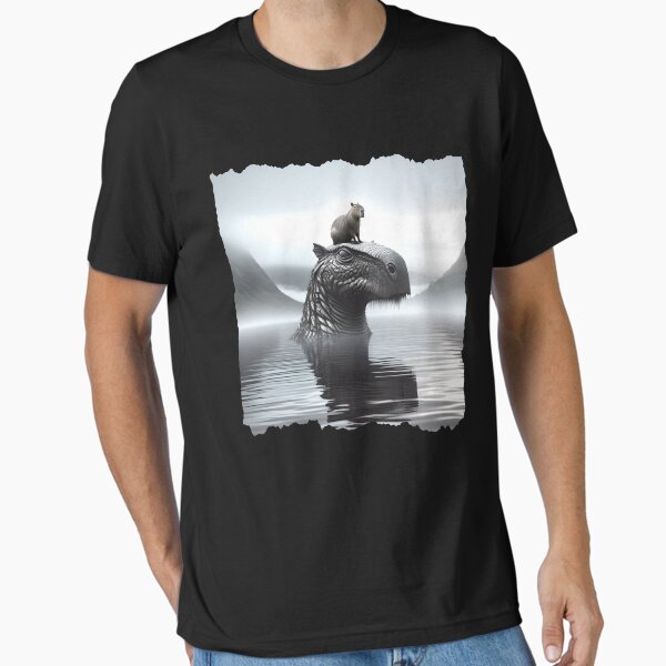 "Capybara sitting calmly on the head of Loch Ness Monster Nessie swimming in lake" Essential T ...