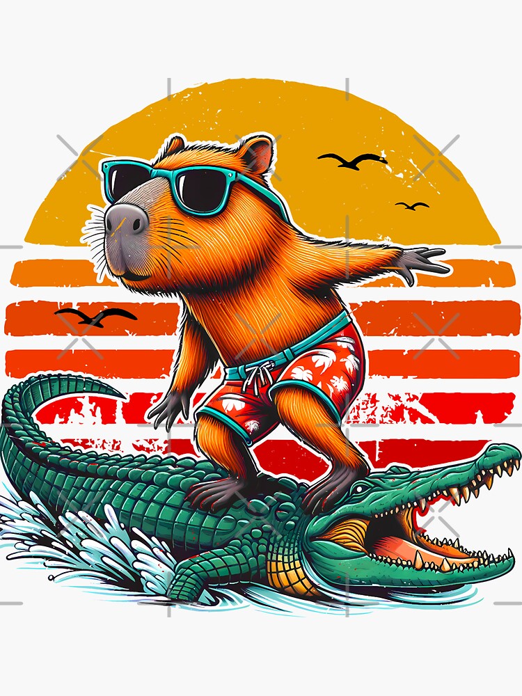 "Funny Capybara Riding Crocodiles Funny Retro Capybara with Friend ...