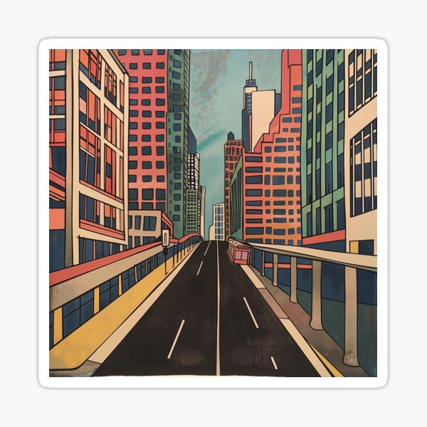 "Pastel color woodblock illustration what a Chicago cityscape." Sticker ...