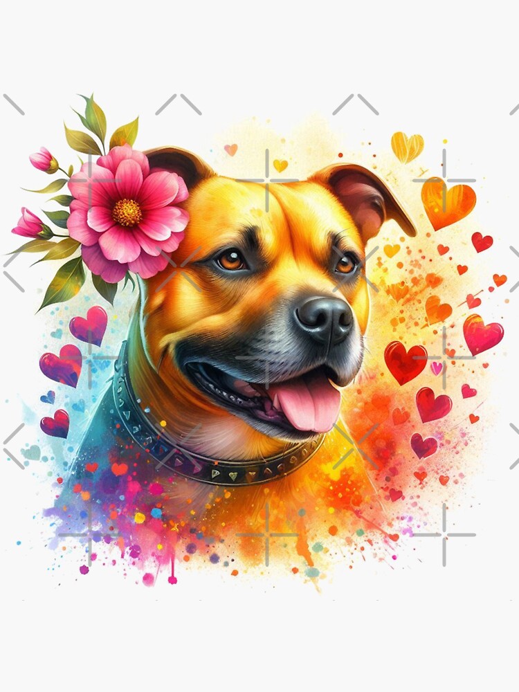 "Beautiful Happy Staffy Watercolor Portrait with Hearts and Flowers ...
