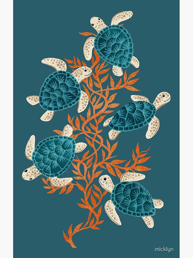 "Dark Teal Blue and Cream Sea Turtles With Burnt Orange Seaweed" Poster ...