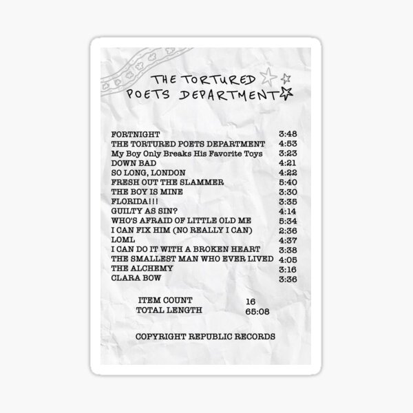 "TTPD Album Receipt" Sticker for Sale by vandaziba | Redbubble
