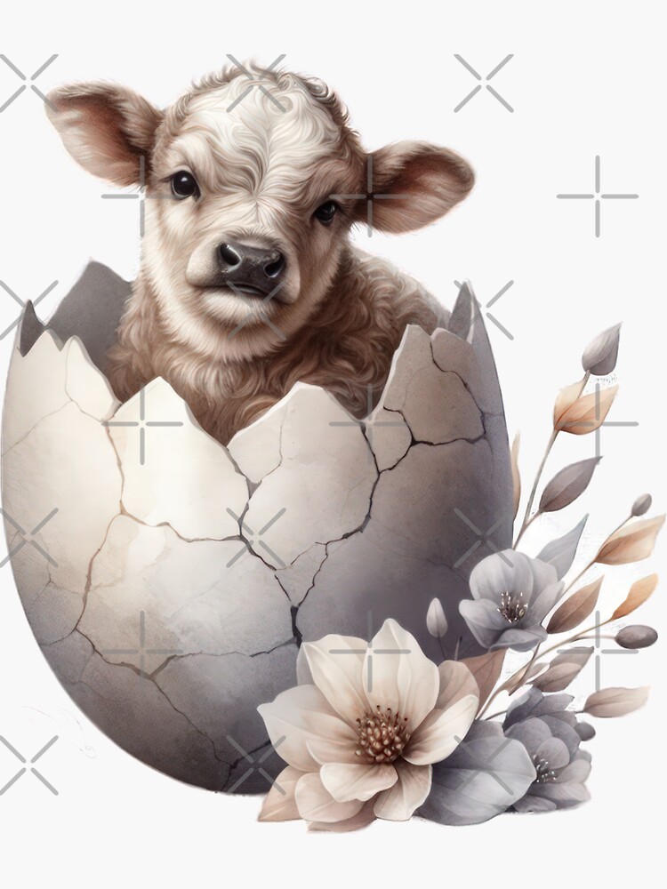 "calf in an egg shell with flowers Easter cute animals watercolor ...