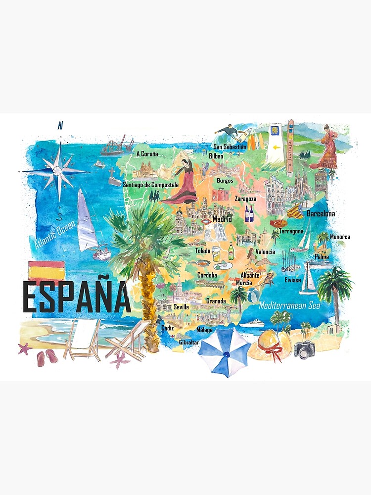 "Spain Illustrated Country Travel Map with Main Roads and Highlights ...