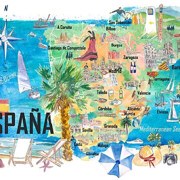 "Spain Illustrated Country Travel Map with Main Roads and Highlights ...