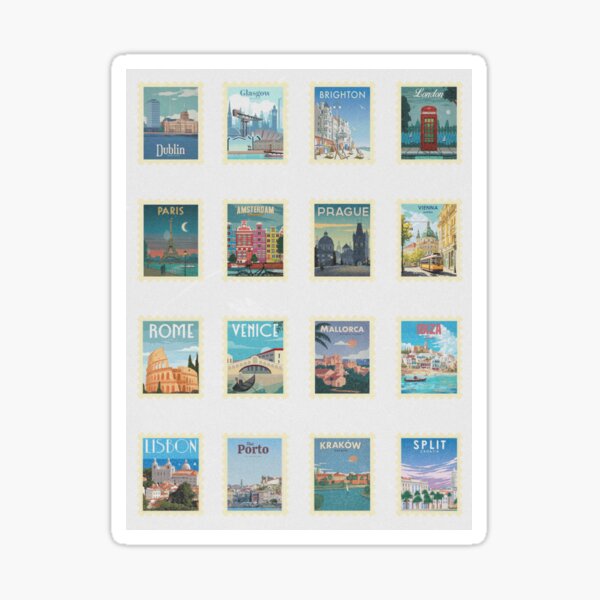 "Travel Postage Stamp Collage" Sticker for Sale by Milan1234 | Redbubble