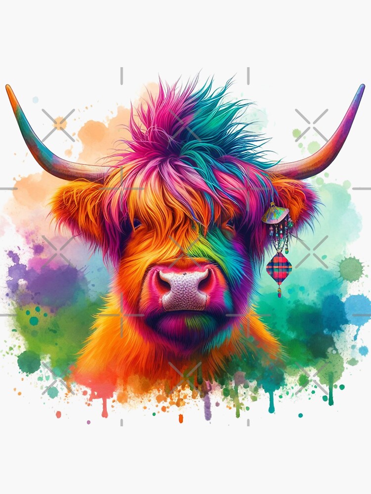 "Punk Rocker Scottish Highland Cow Colorful Watercolor" Sticker for ...