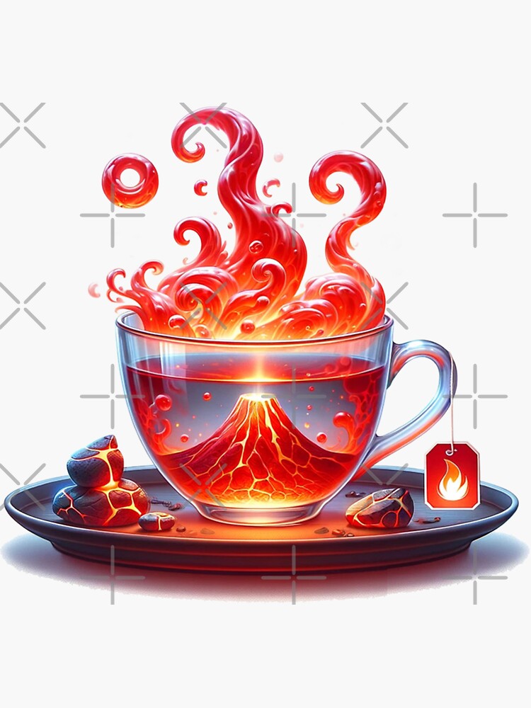 "A fiery red teacup with volcanoes and lava on it." Sticker for Sale by ...