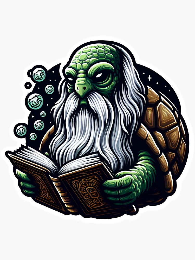 "A wise turtle with a long beard reading an ancient book Sticker ...