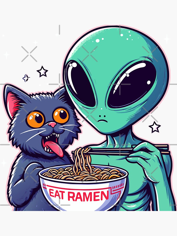 "Alien and Cat Eat Ramen" Sticker for Sale by Designowner | Redbubble