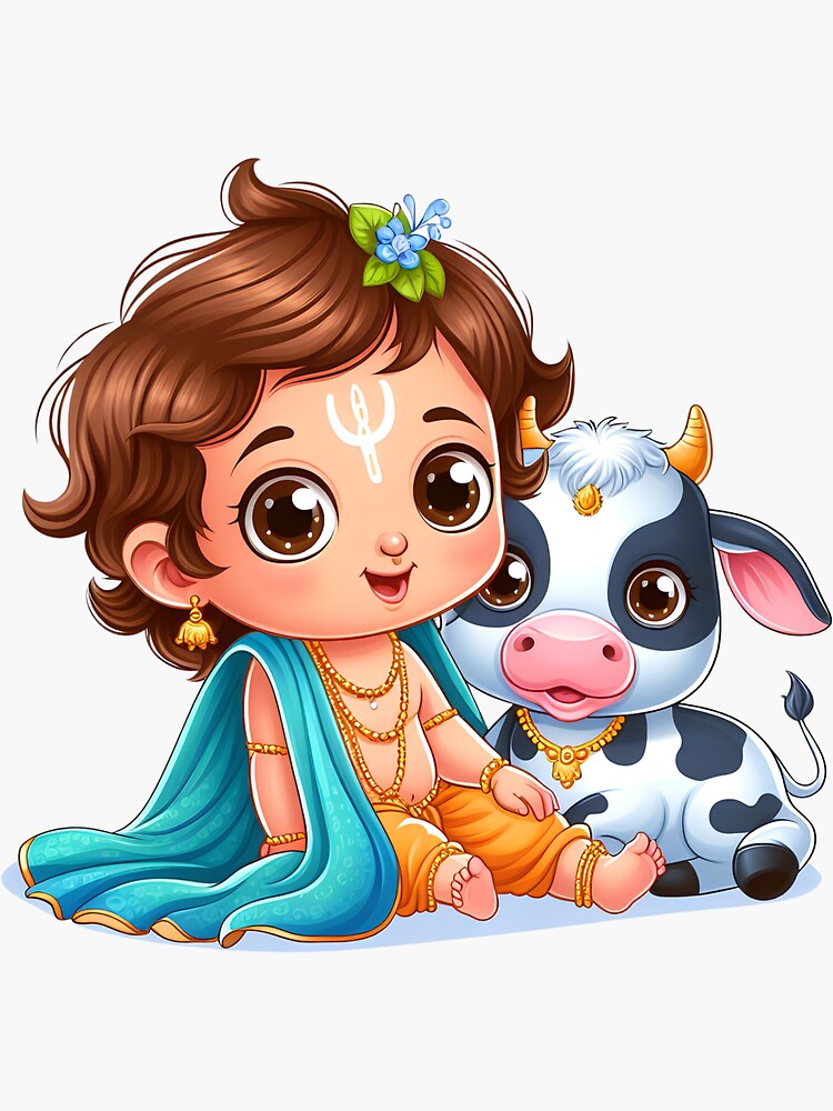 Baby Krishna With Baby Cow Cute Krishna Calf Art Sticker for Sale by Kondi Art Redbubble