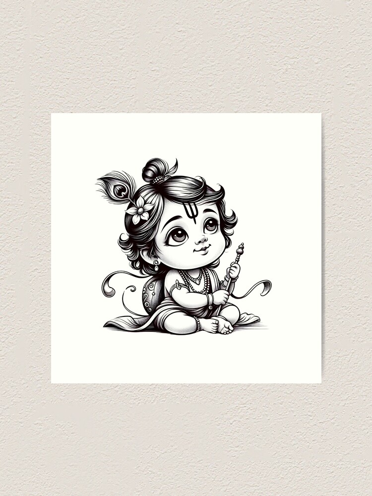 "Baby Krishna Black and White, cute krishna cartoon style" Art Print ...