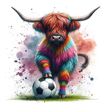"Scottish Highland Cow Playing Soccer Football Colorful Watercolor ...